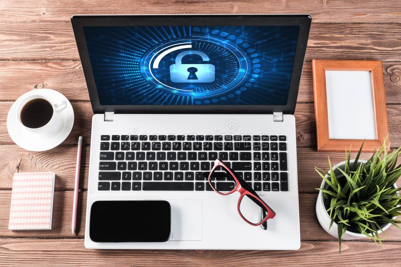 Web Security And Technology Concept With Laptop On Wooden Table Stock ...