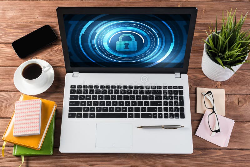 Web Security and Technology Concept with Laptop on Wooden Table Stock ...