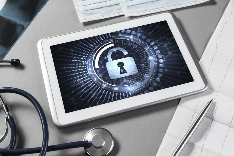 Web Security and Technology Concept with Tablet Pc on Table Stock Photo ...