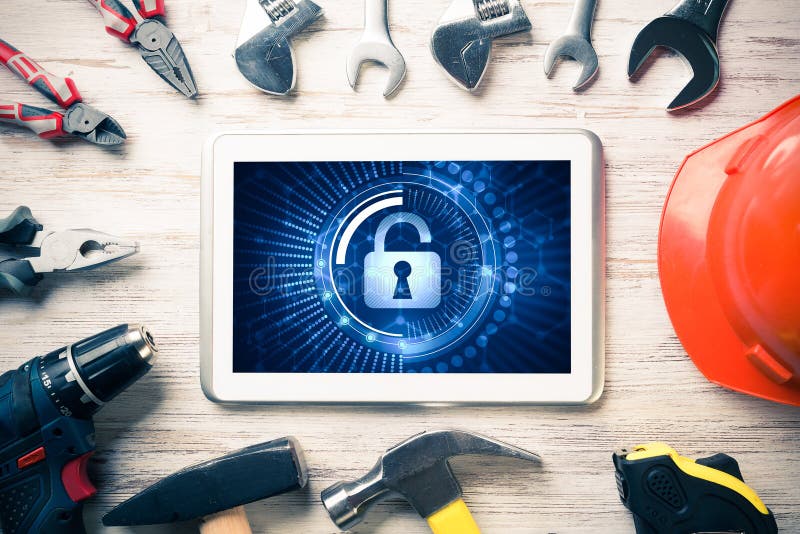 Web Security and Technology Concept with Tablet Pc on Wooden Tab Stock ...