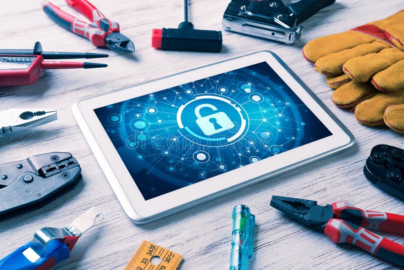 Web Security and Technology Concept with Tablet Pc on Wooden Tab Stock ...