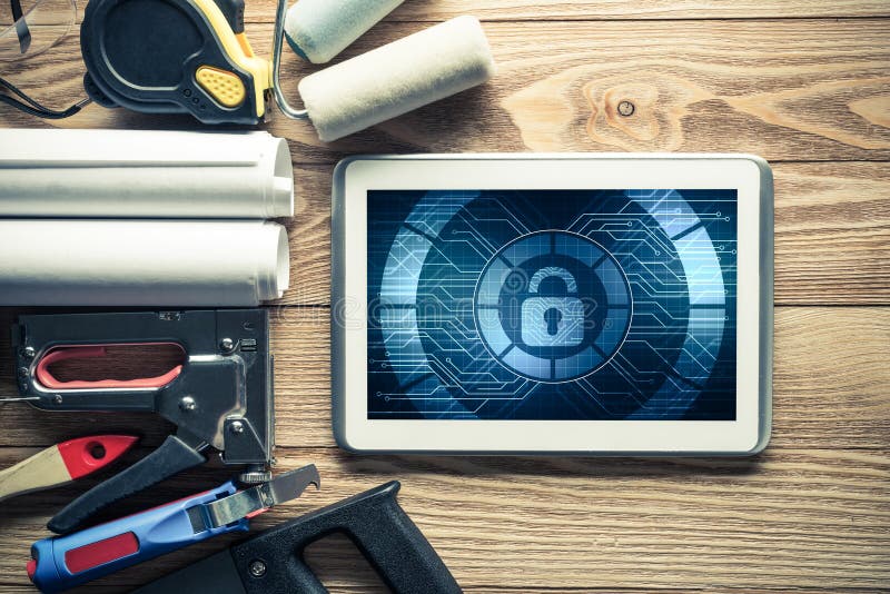 Web Security and Technology Concept with Tablet Pc on Wooden Tab Stock ...
