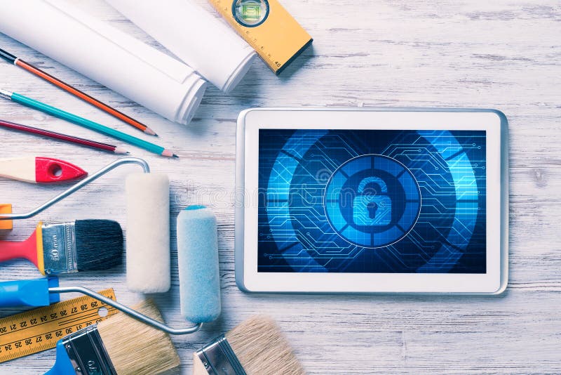 Web Security and Technology Concept with Tablet Pc on Wooden Tab Stock ...