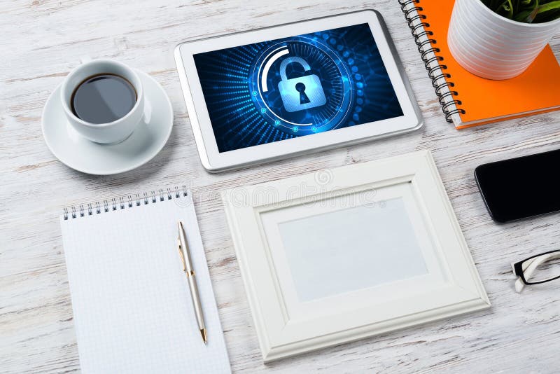 Web Security and Technology Concept with Tablet Pc on Wooden Table ...