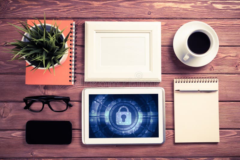 Web Security and Technology Concept with Tablet Pc on Wooden Table ...