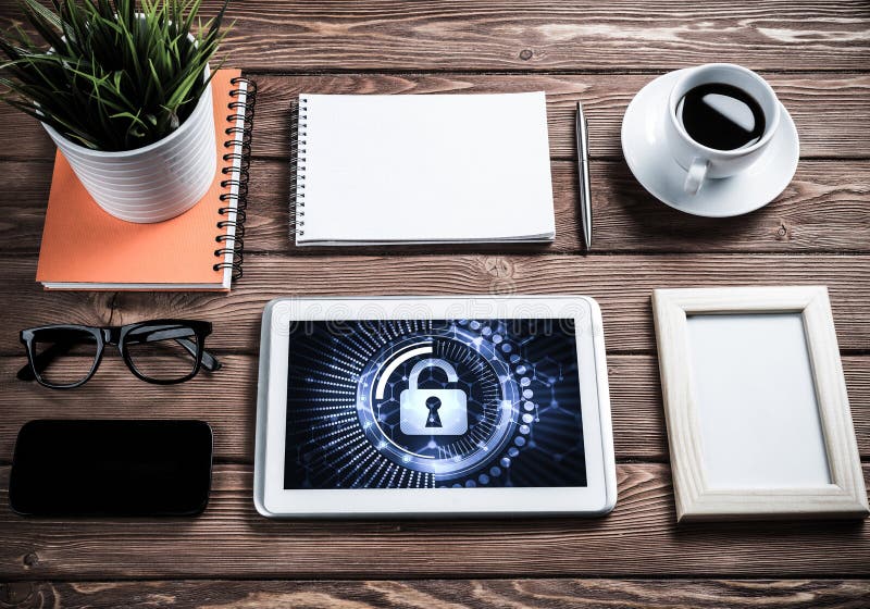 Web Security and Technology Concept with Tablet Pc on Wooden Table ...