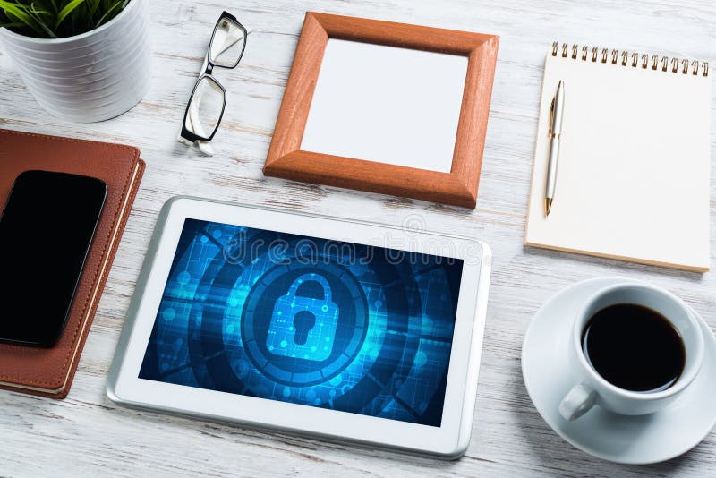 Web Security and Technology Concept with Tablet Pc on Wooden Table ...