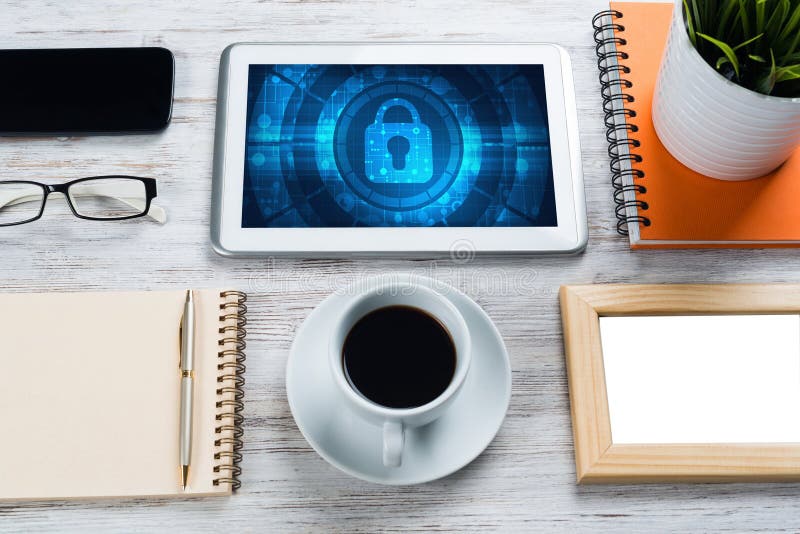Web Security and Technology Concept with Tablet Pc on Wooden Table ...
