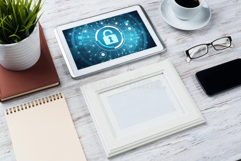 Web Security and Technology Concept with Tablet Pc on Wooden Table ...