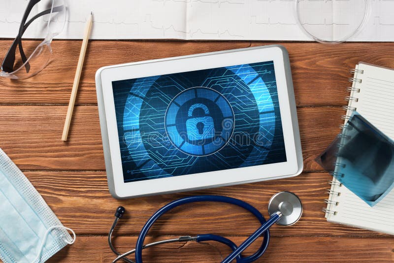 Web Security and Technology Concept with Tablet Pc on Wooden Table ...