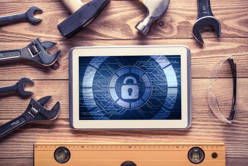 Web Security and Technology Concept with Tablet Pc on Wooden Table ...
