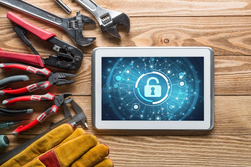Web Security and Technology Concept with Tablet Pc on Wooden Table ...