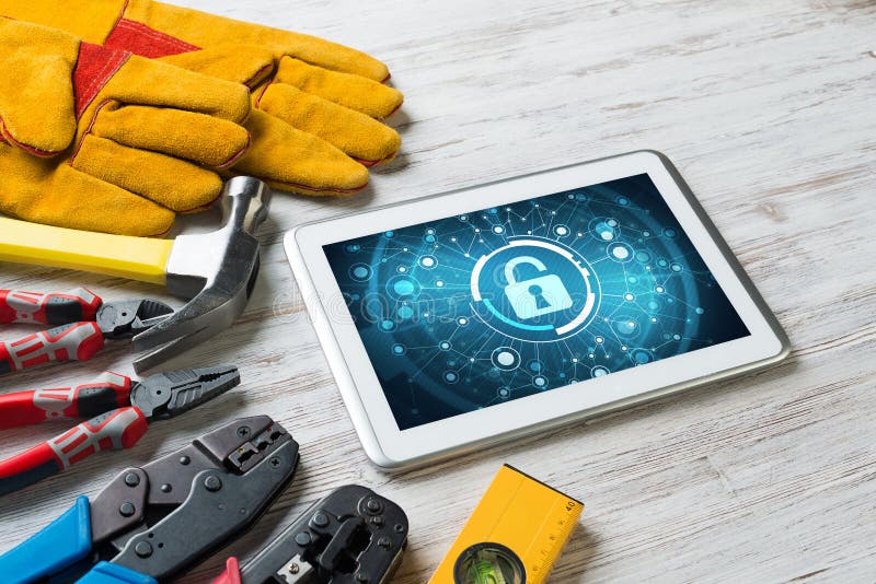 Web Security and Technology Concept with Tablet Pc on Wooden Table ...