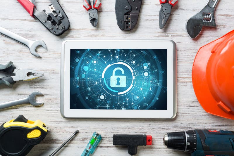 Web Security and Technology Concept with Tablet Pc on Wooden Table ...