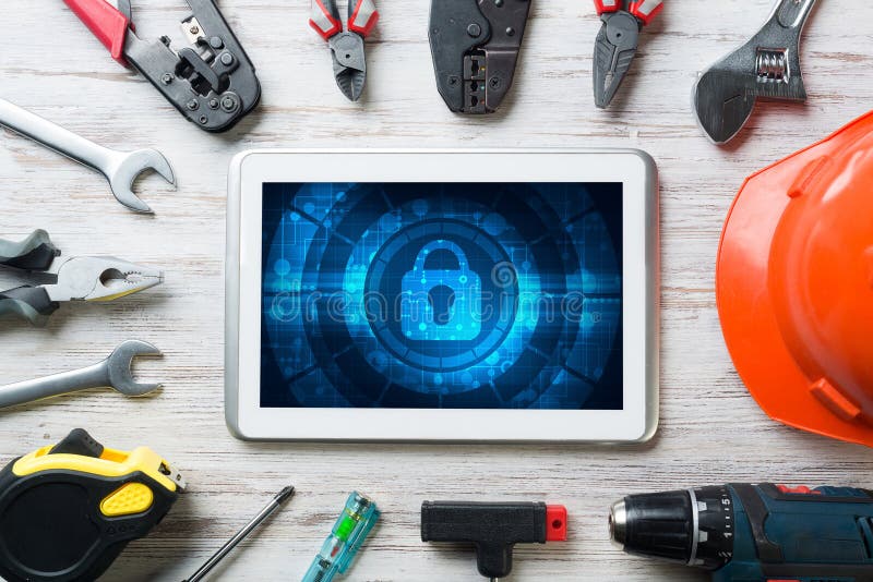 Web Security and Technology Concept with Tablet Pc on Wooden Table ...