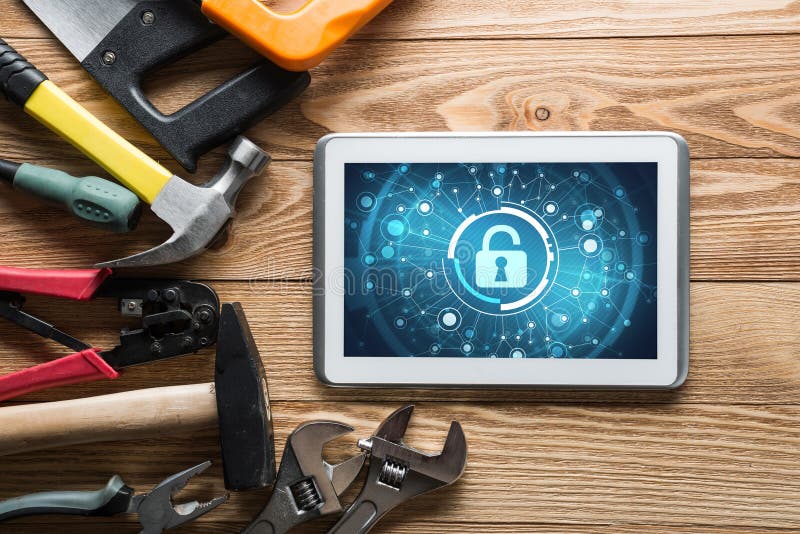 Web Security and Technology Concept with Tablet Pc on Wooden Table ...