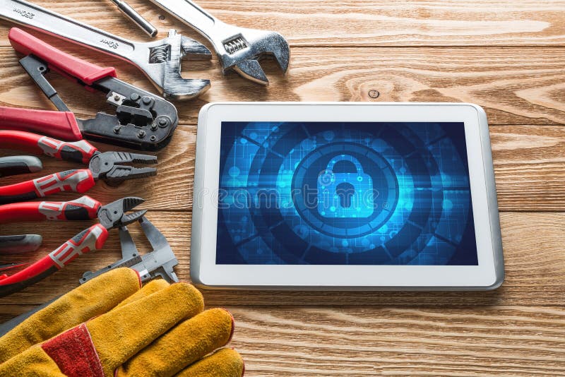Web Security and Technology Concept with Tablet Pc on Wooden Table ...