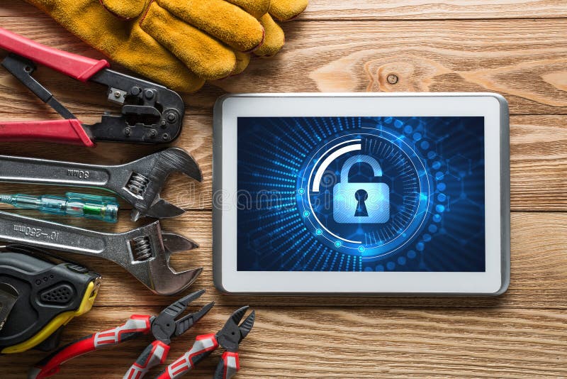Web Security and Technology Concept with Tablet Pc on Wooden Table ...