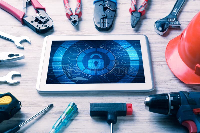 Web Security and Technology Concept with Tablet Pc on Wooden Table ...