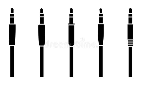 Set of Audio Jack Vector Icons. Black Silhouette with Cable or Wire with Audio Jack Connector ...