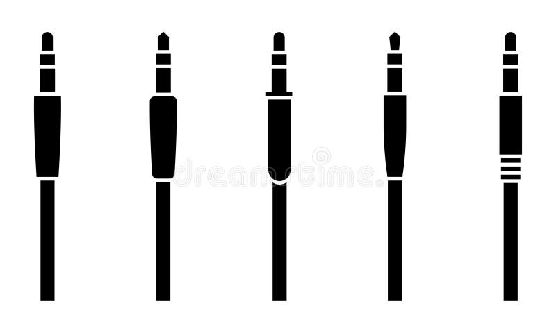 Set of Audio Jack Vector Icons. Black Silhouette with Cable or Wire with Audio Jack Connector ...