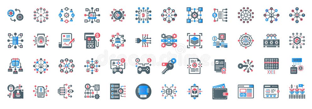 Web 3.0 Set Blue Red Flat Icons, Blockchain Concepts Decentralization ...