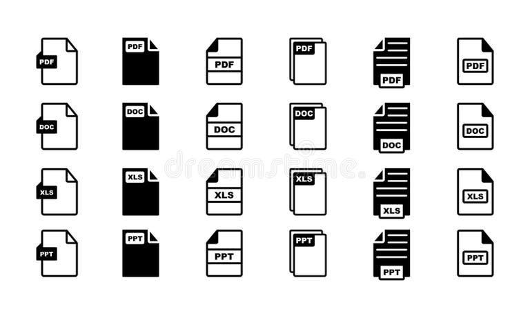 Set of Document Format Doc, Pdf, Ppt and Xls Vector Icons. File Type ...