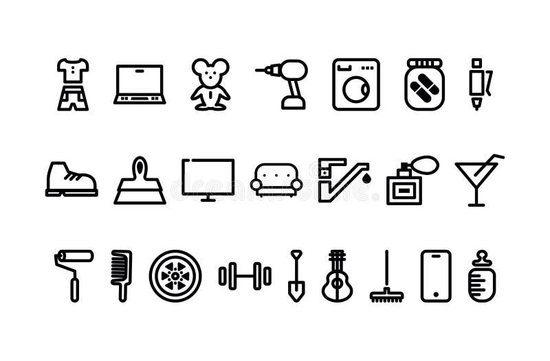 Set of Icons for a Store of Different Goods. Black and White Contour ...