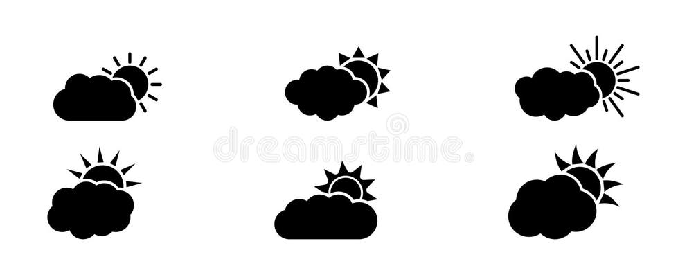 Set of Suns with Clouds Vector Icons. Weather Icon. Sunshine with Rays ...