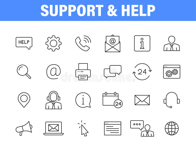 Set of 24 Support and Help Web Icons in Line Style. Assistance, Email ...
