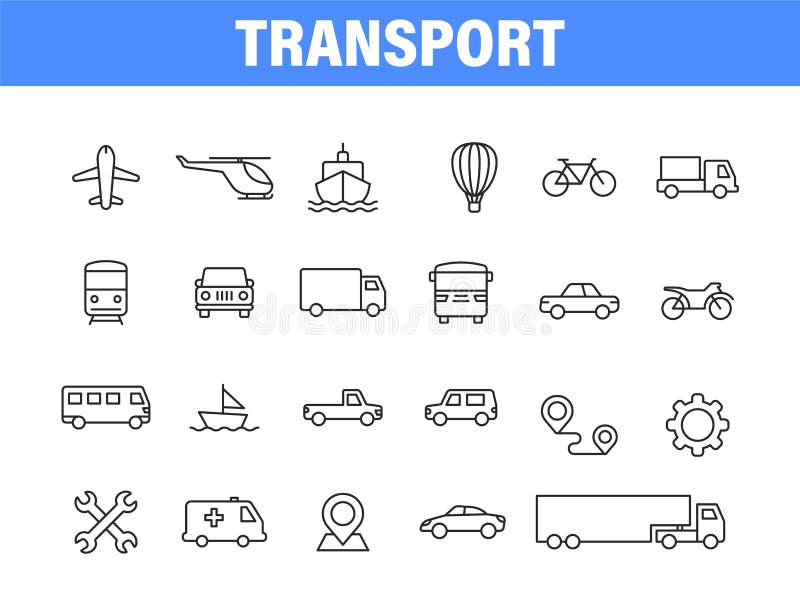 Set of 24 Transport Web Icons in Line Style. Train, Airplane, Car, Bus ... Set of 24 Transport Web Icons in Line Style. Train, Airplane, Car, Bus ...