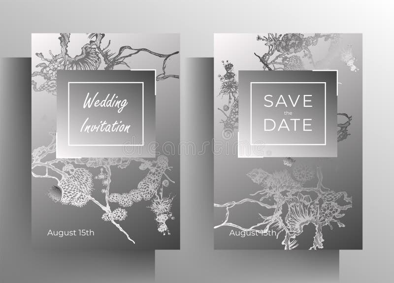 Set of Wedding Invitation Templates. Elegant Monochrome Design in Gray ...