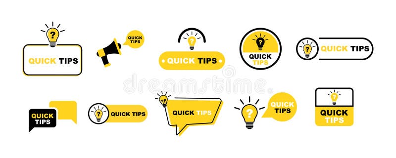 Set of Yellow Quick Tips Badge. Quick Tips with Light Bulb. Fast Help ...