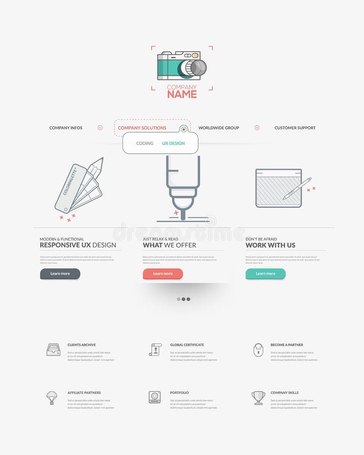 Two Page Website Design Template with Concept Icons and Avatars for ...
