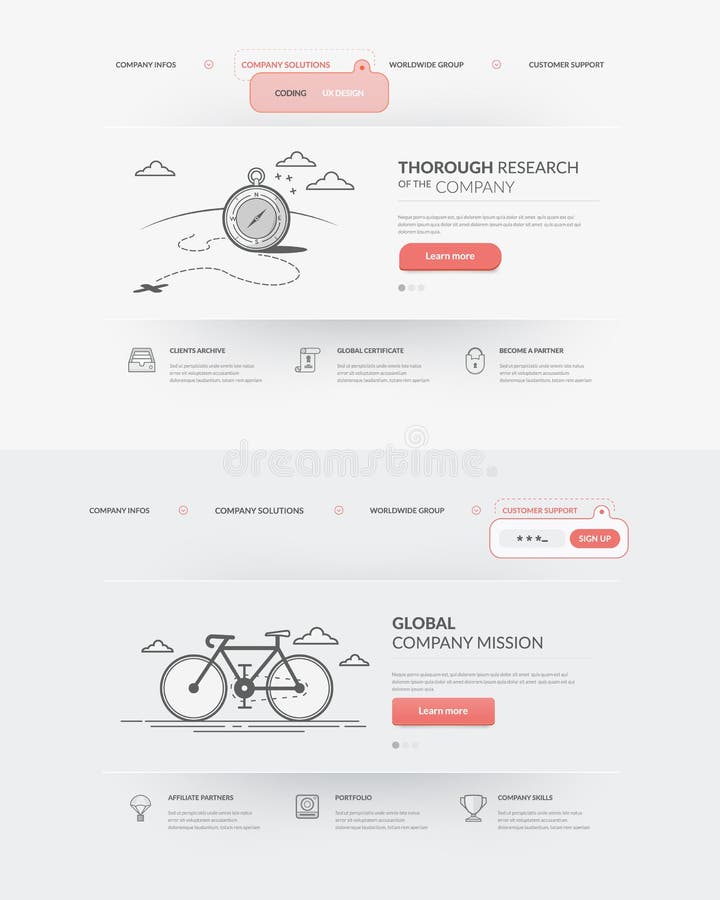 Two Page Website Design Template with Concept Icons and Avatars for ...