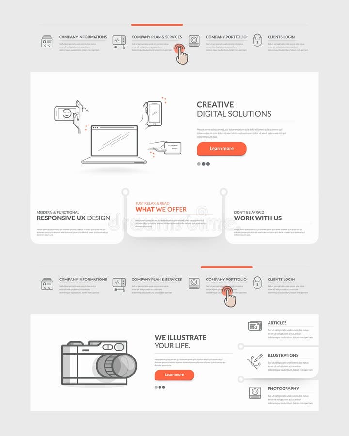 Two Page Website Design Template with Concept Icons and Avatars for ...
