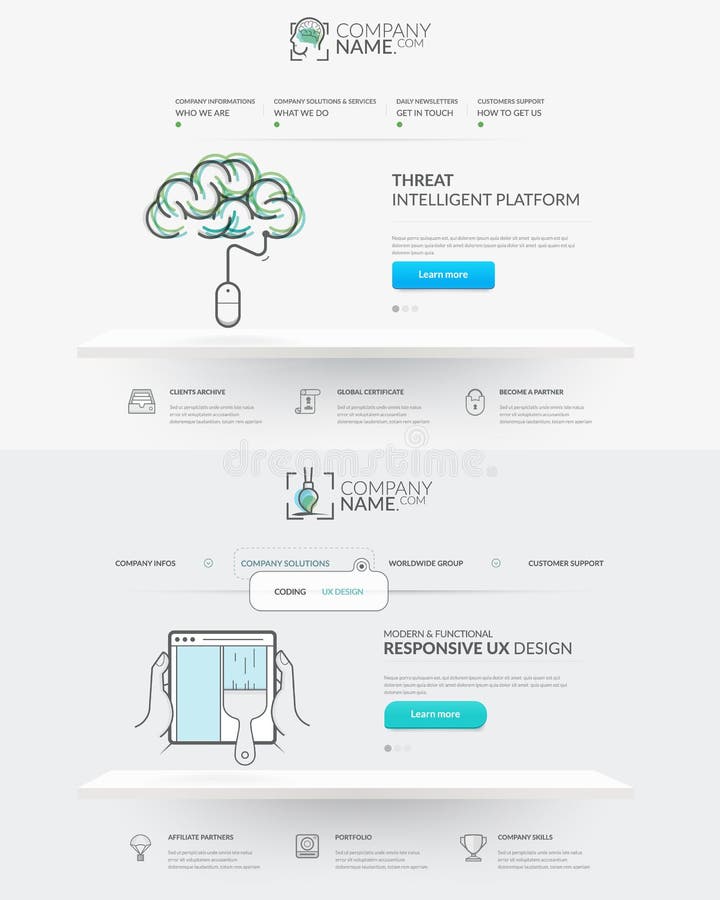Two Page Website Design Template with Concept Icons and Avatars for ...