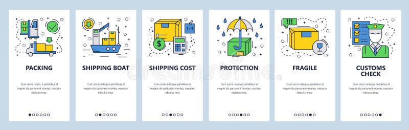 Web Site Onboarding Screens. Worldwide Delivery, Cargo Ship and Custom ...