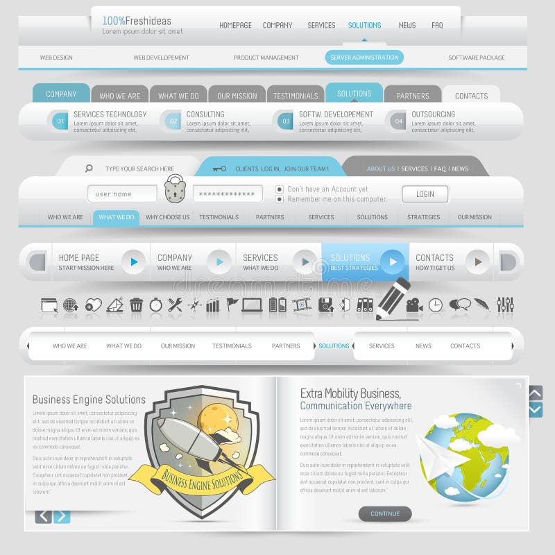 Business Web Site Design Menu Navigation Elements with Icons Set Stock ...