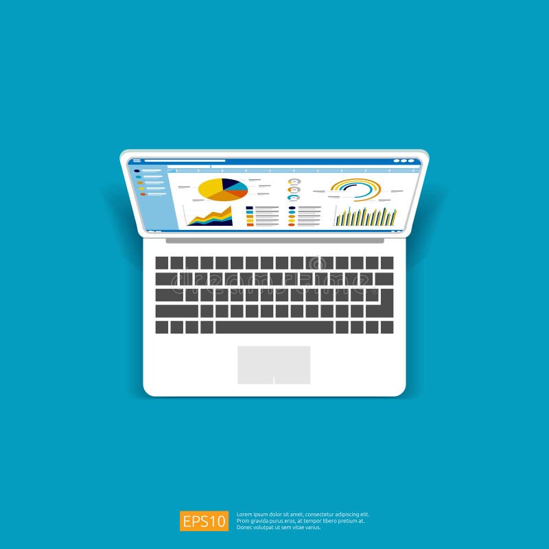 Web Statistics Analytic Charts on Laptop Screen Icon Set. Flat Vector ...