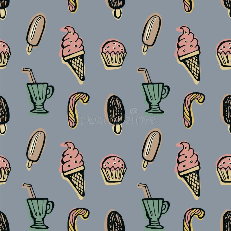 Desserts Seamless Pattern Cupcakes Lollipop And Candies On A Green