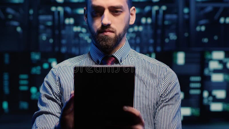 It Web Technician Working in Data Center with Tablet Stock Video ...