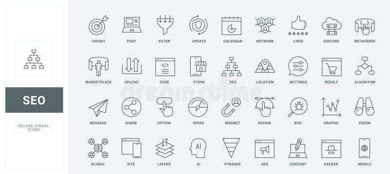 SEO Optimization, Web Traffic Statistics and Analytics, Content Search Line Icons Set Stock ...
