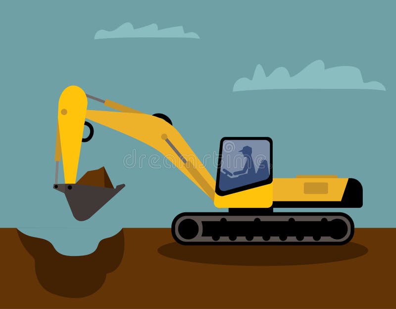 Trench Digging, Large Yellow Excavator Stock Vector - Illustration of ...