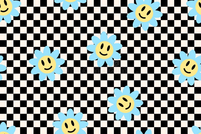 Trendy Checkered Backgrounds with Bright Psychedelic Flowers. Stock ...