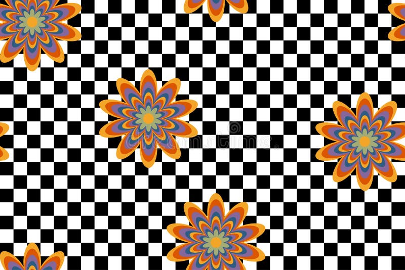 Trendy Checkered Backgrounds with Bright Psychedelic Flowers. Stock ...