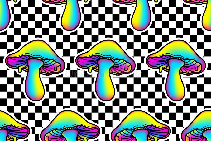 Trendy Checkered Backgrounds with Bright Psychedelic Mushrooms. Stock ...