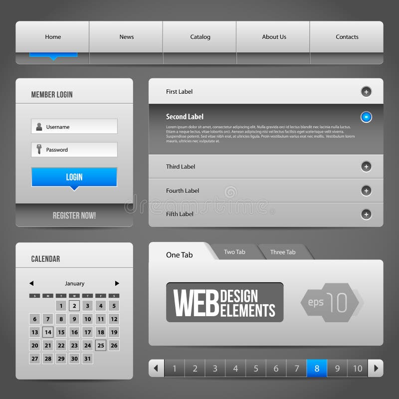 Web UI Controls Elements Gray and Blue on Dark Background Stock Vector ...