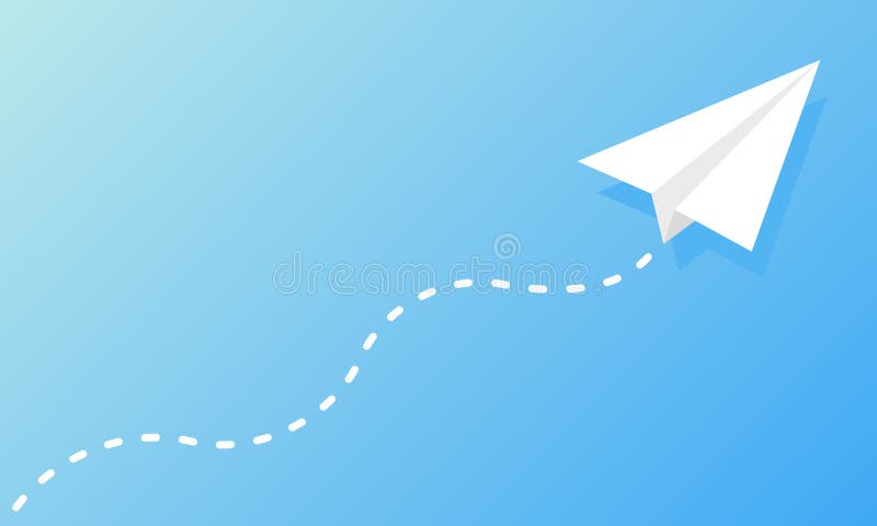 White Paper Plane with Line Route on Blue Background. Flying Plane with ...