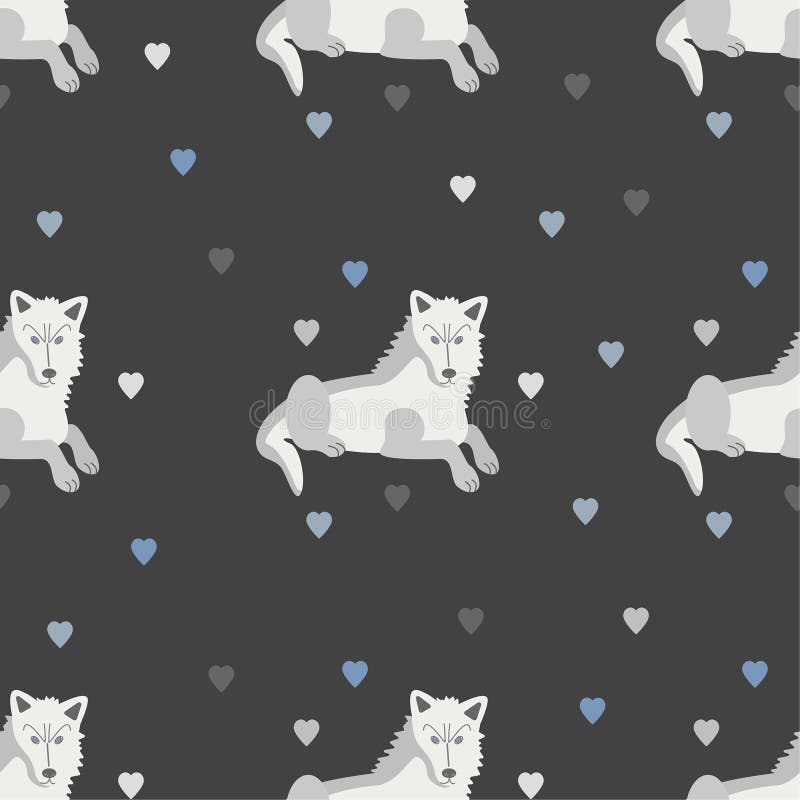 White Wolves and Hearts. Seamless Vector Pattern. Stock Vector ...